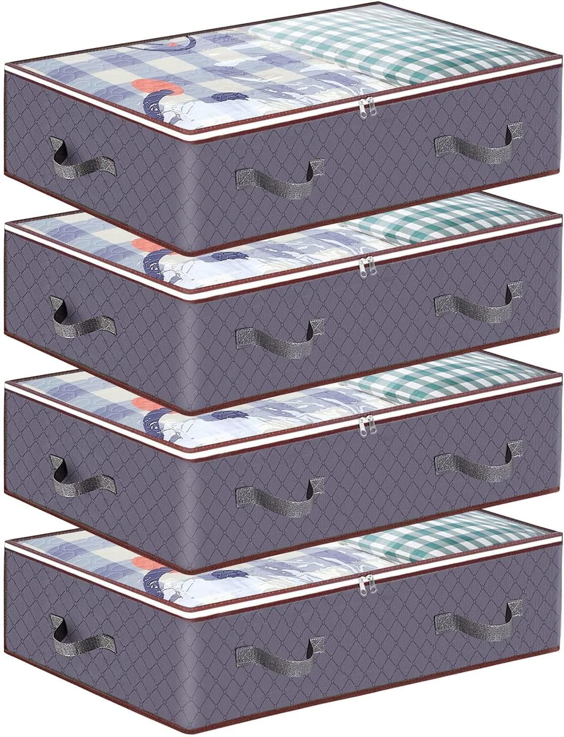 woekwo 4 Pack Underbed Storage Bags 100L Foldable Clothes Bag Large Capacity Storage Containers with Clear Window, Reinforced Handles, Zippered Organizer, Breathable Non-Woven for Comforters Blankets