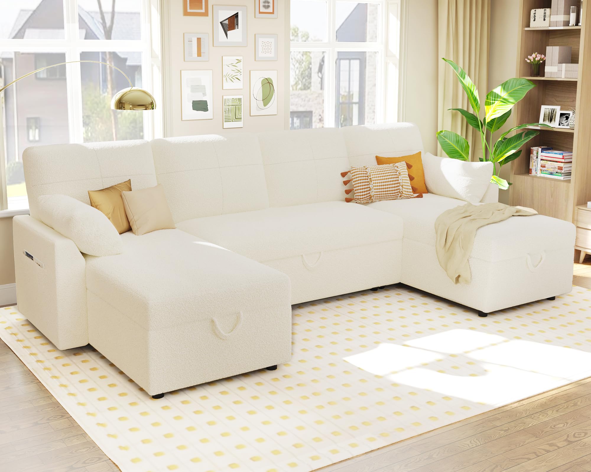 PaPaJet 110 Inch Sleeper Sofa, Oversized Pull Out Couch with Double Storage Chaise,U Shape Couches for Living Room-Offwhite Boucle