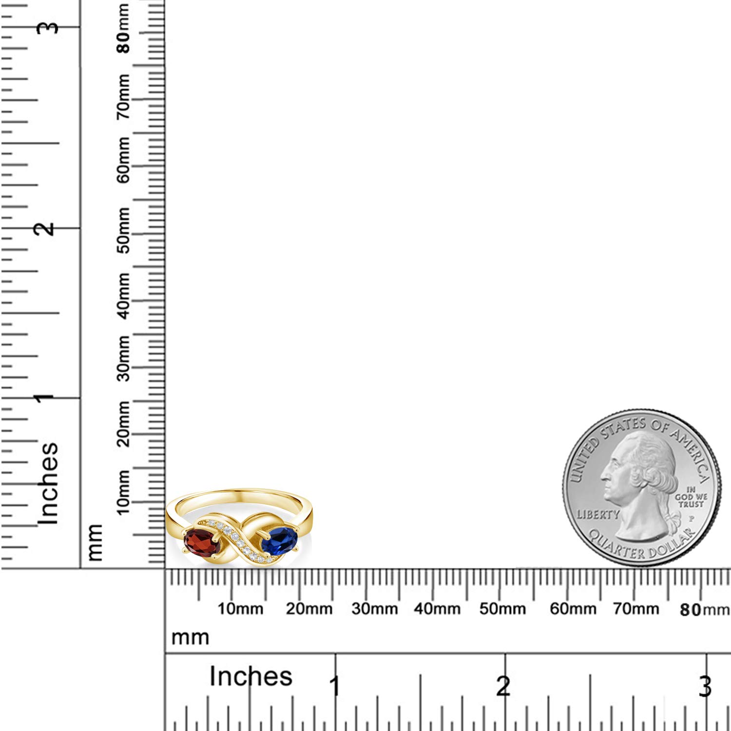 Gem Stone King 18K Yellow Gold Plated Silver Personalized Customized Engrave 2-Stone Gemstone Birthstone and White Created Sapphire Infinity Forever Love Knot Ring For Women (Size 7)