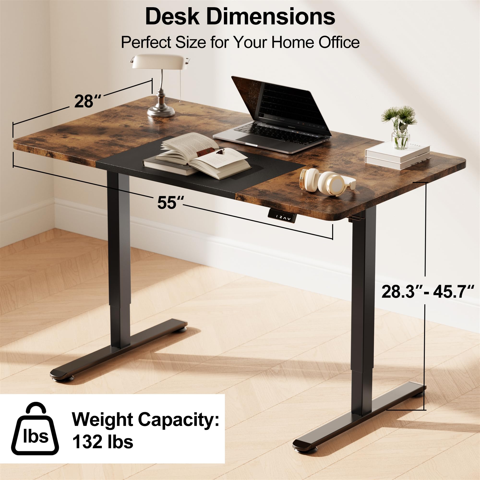 WOKA Electric Height Adjustable Electric Standing Desk, 55 x 28 Inch Sit Stand Desk with Memory Controllers, Stand up Desk for Home Office, Rustic Brown and Black Tabletop