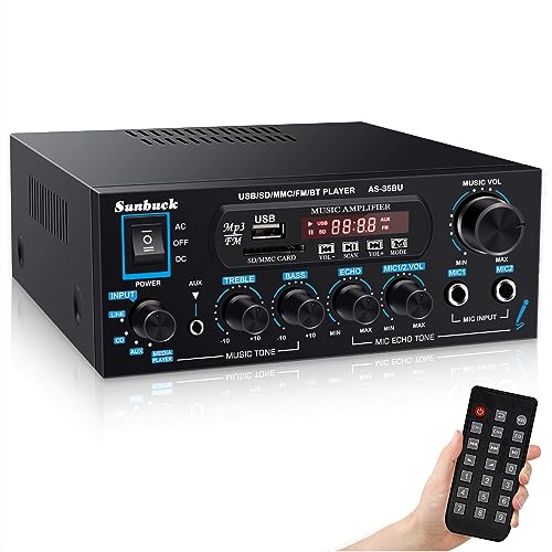 Sunbuck Max 400Wx2 Power Amplifier, 2 Channel Stereo Amplifier, Stereo Receivers with Bluetooth 5.0, Outdoor Speaker Receiver with Remote Control, Hi-Fi Small Amplifier for Speakers, AS-35BU