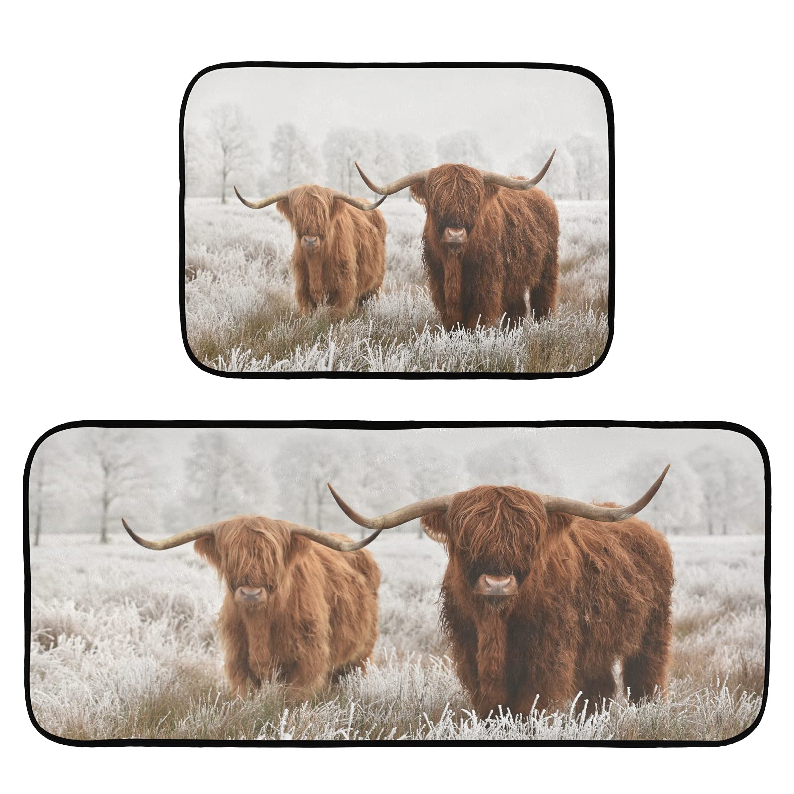 JUNZAN Scottish Highland Cow Kitchen Rugs and Mats Set of 2 Non Slip Anti Fatigue Runner Rug for Farmhouse Laundryroom Bathroom Home Western Decor Floor Mat