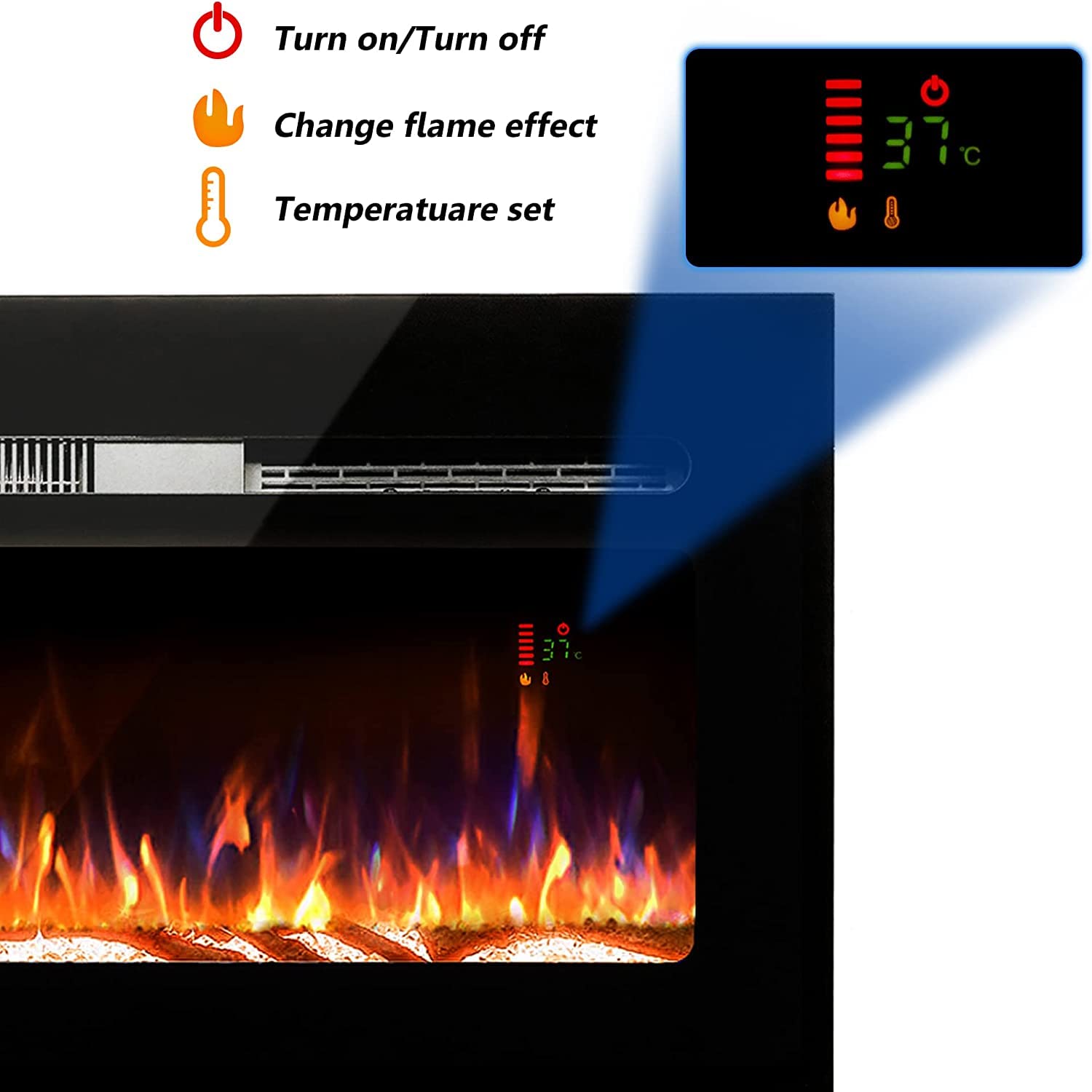 GOOD & GRACIOUS Electric Fireplace,1500W Recessed & Wall Mounted Electrical Fireplace with Bracket, Ultra Thin, Low Noise, Remote Control, Timer, Logset & Crystal, Adjustable Flame Color, Black, 60"
