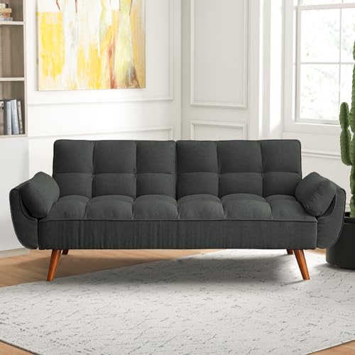 Wonder Comfort Linen Futon Sofa Bed Loveseat, Adjustable Backrest Convertible Sleeper Reclining Couch with Tapered Wood Legs, Dark Gray