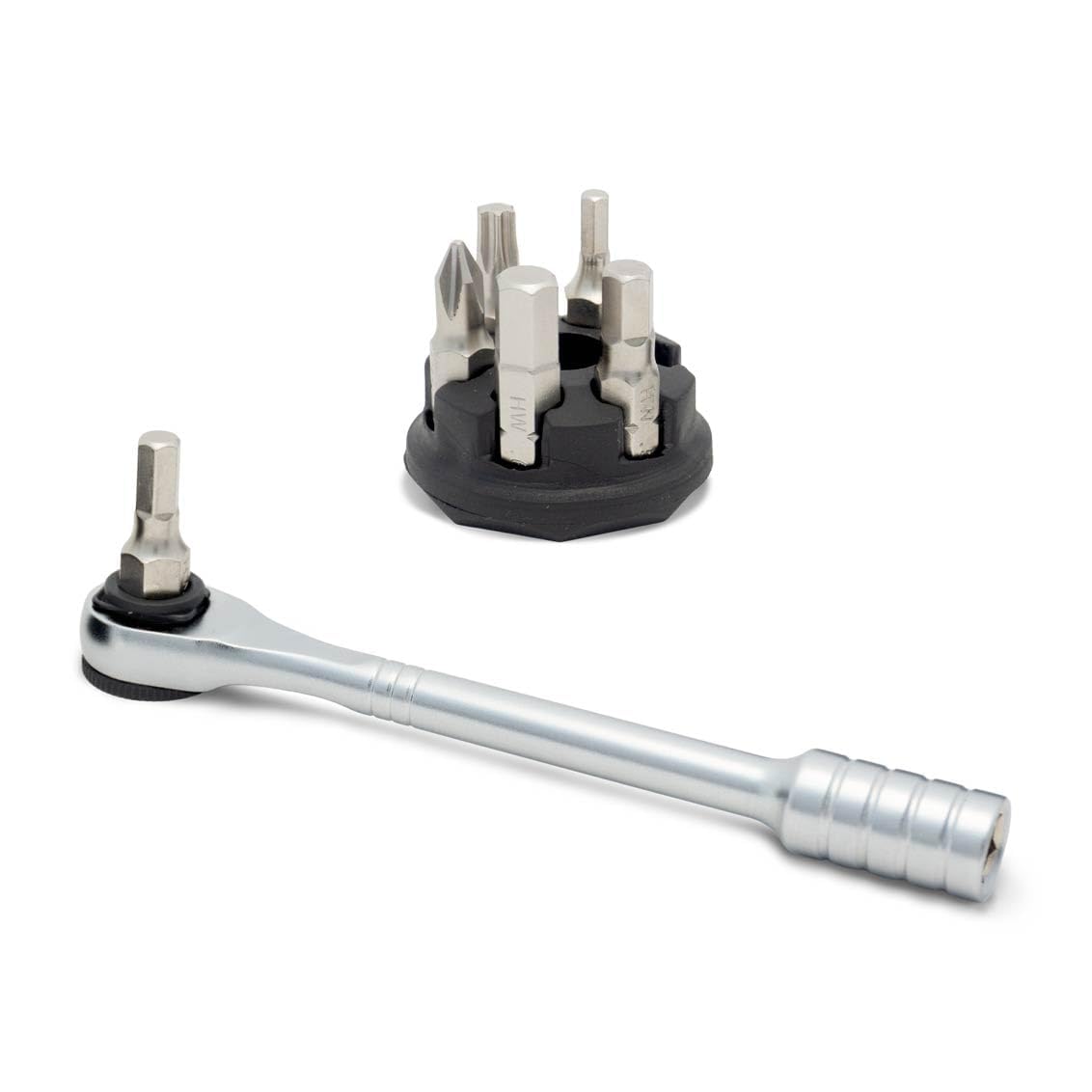 Prestacycle Prestaratchet Micro, Heavy-Duty Mini Ratchet & 1/4 Bits for Bike Repair & Maintenance, 40Nm Small Ratchet & Screwdriver with 6 Hex Bit Set, with Round Bit Holder & Tool Stand