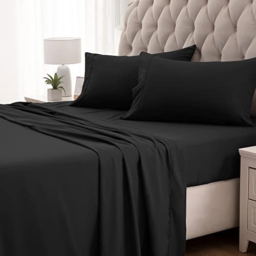 SLEEP ZONE Super Soft Cooling Full Size Bed Sheets Set 4 Piece - Easy Care Fitted Flat Sheet & Pillowcase Sets - Wrinkle Free, Fade Resistant, Deep Pocket 16" (Black, Full)