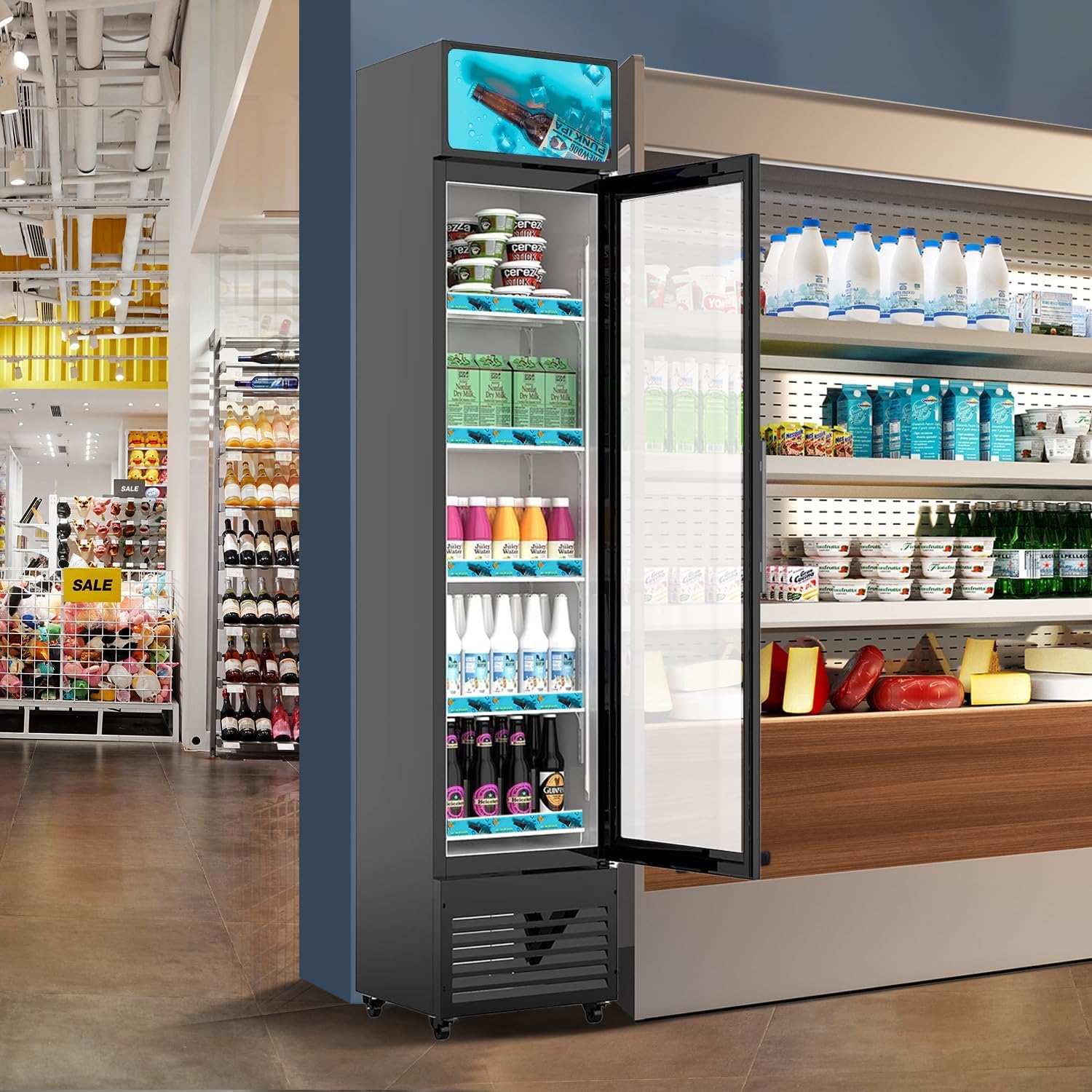 NAFCOOL Commercial Beverage Refrigerator Display Fridge,6 Cu Ft Small Slims Single Glass Door Merchandiser Drink Cooler with LED Light Adjustable Shelves,ETL and NSF Approval