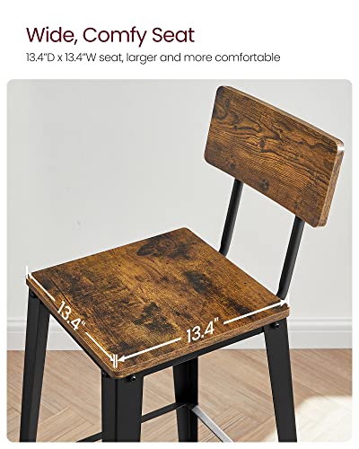 VASAGLE Set of 2 Bar Stools, Bar Height Stools, Tall Bar Stools with Back, Bar Chairs, Steel Frame, Industrial Style, Easy Assembly, Rustic Brown and Black ULBC078B01