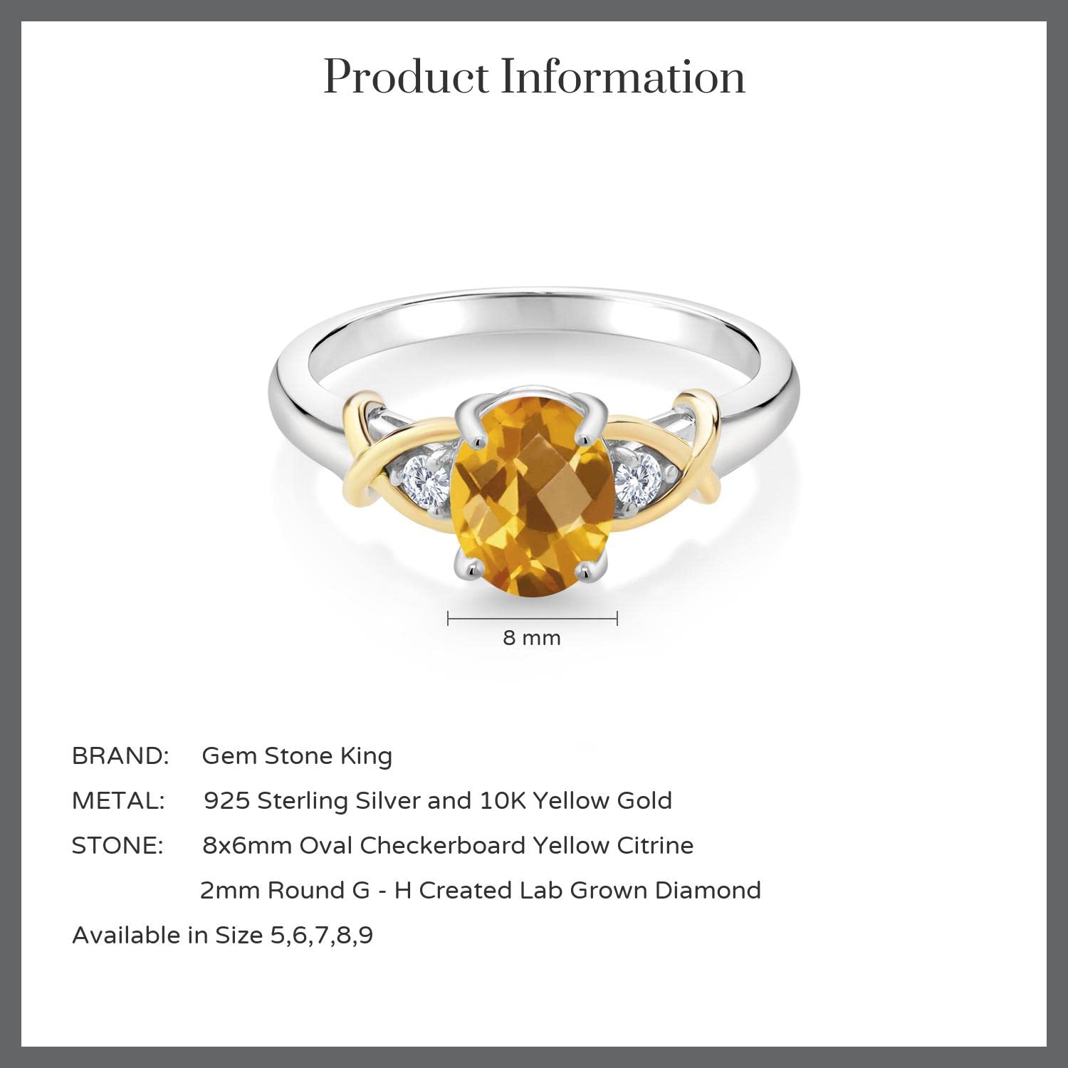 Gem Stone King 2 Tone 10K Yellow Gold and 925 Sterling Silver Oval Checkerboard Yellow Citrine and Lab Grown Diamond Women Ring (1.33 Cttw, Gemstone Birthstone, Available In Size 5, 6, 7, 8, 9)