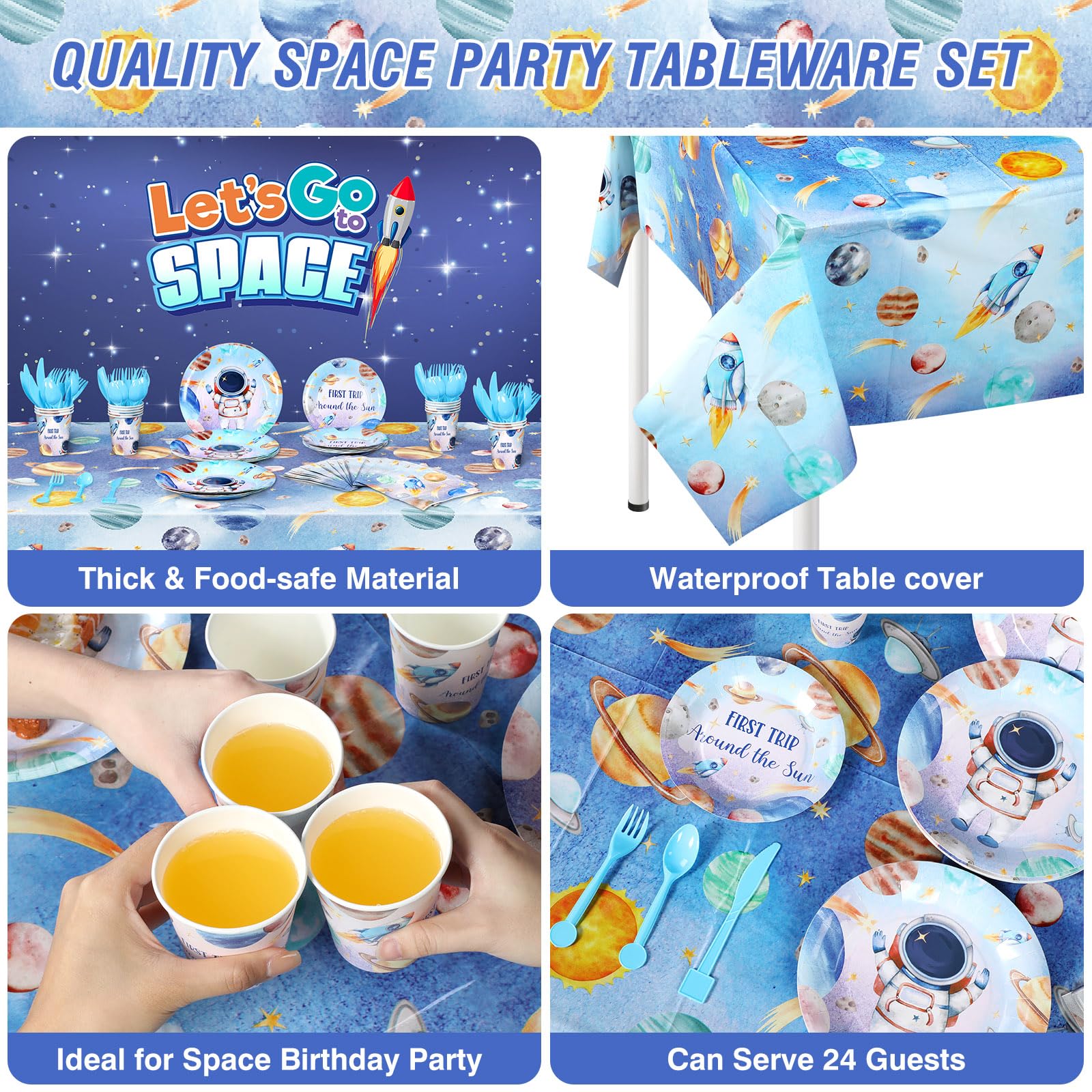 Pasimy 175 Pcs First Trip Around the Sun Birthday Party Supplies Outer Space 1st Birthday Decorations Plates Banner Napkins Tablecloth Solar System Galaxy Tableware Set Baby Shower Decor for 24 Guests