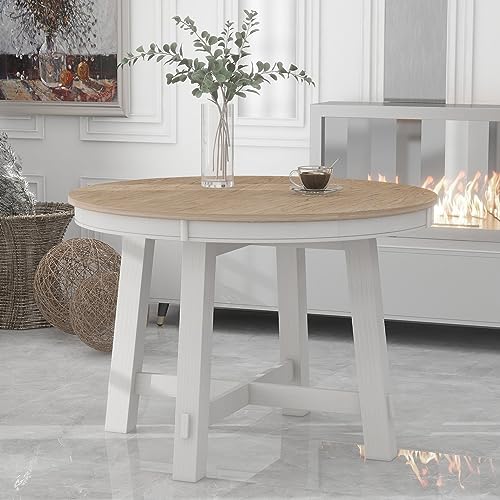P PURLOVE Round Kitchen Table, Round Extendable Dining Table with 16" Leaf