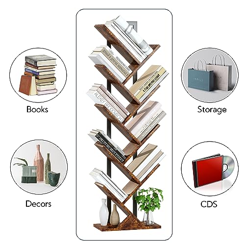 Yusong Tree Bookshelf, Geometric Bookcase with Steel Pipe for Living Room Bedroom, Floor Standing Shelves for Home Office (Rustic Brown, 9 Tier)