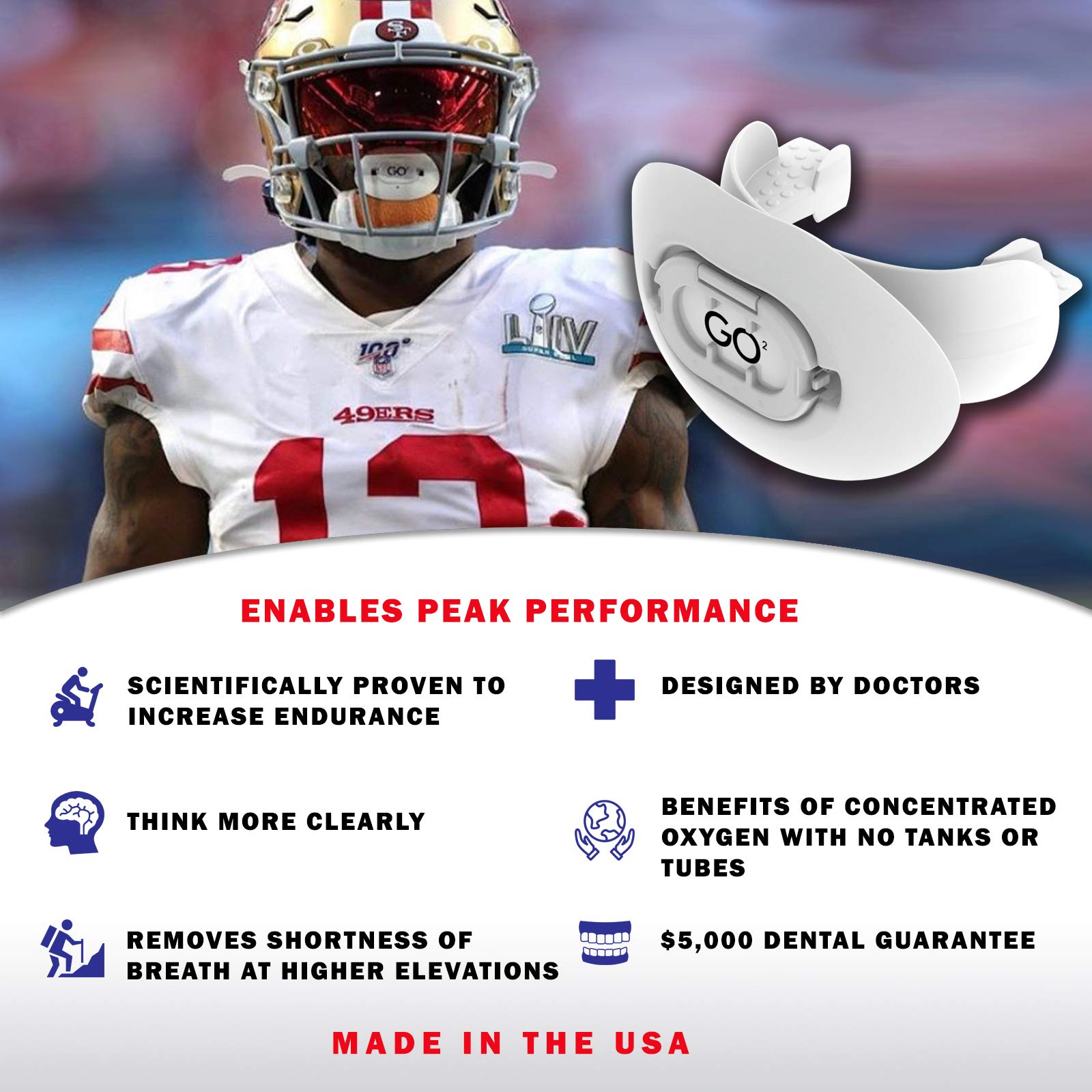 GO2 Sports Football Mouth and Lip Guard with Maximum Air Flow for Increased Oxygen and Endurance Includes Dental Warranty Made in The USA, Blue