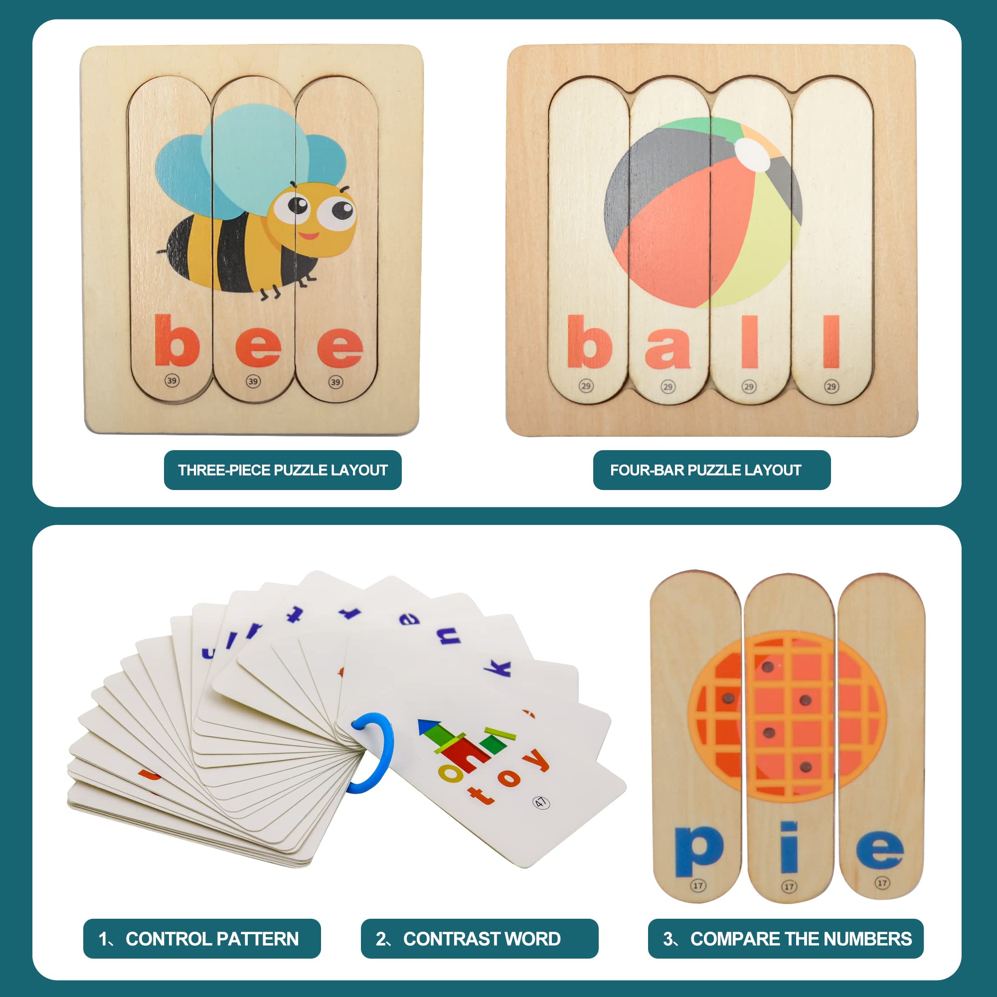 LUJCCHY Wooden Short Vowel Reading Letters Sorting Spelling Games, Sight Words Flashcards Alphabet Puzzle Montessori Educational Toy Gift for Kids 3 4 5 Years Old