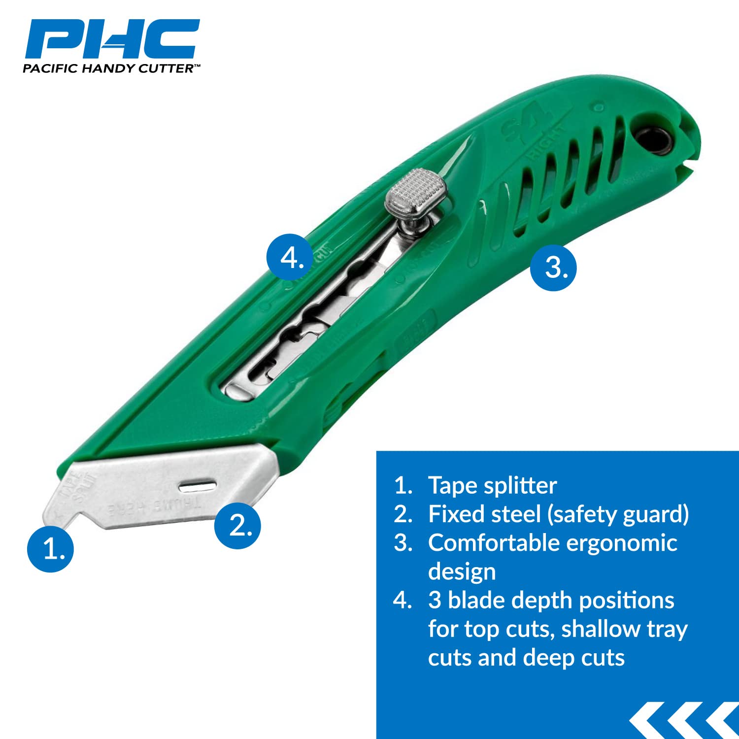 Pacific Handy Cutter S4R Safety Cutter, Retractable Utility Knife with an Ergonomical Design, Bladeless Tape Splitter, Steel Guard for Safety and Damage Protection, for Warehouse and In-Store Cutting , Green