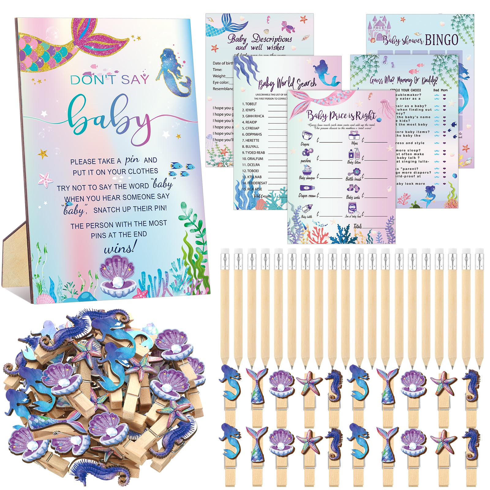 Patelai 321 Pcs Baby Shower Games Supplies, 5 Sets (50 Cards Each) Activities Cards with 20 Pencils 1 Don't Say Baby Sign 50 Clothespin(Mermaid)