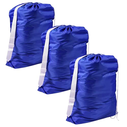Pack of 3 Heavy Duty Travel Laundry bag blue XL (30 * 40) with straps, Nylon Material, Locking Drawstring, Durable and washable, Extra large bag, Rip and Tear Resistant,Mesh bag dirty Cloth Organizer