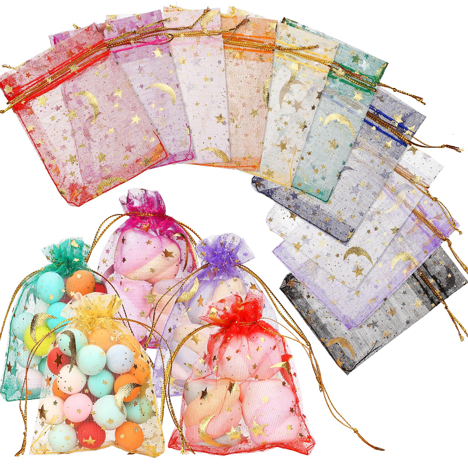Naler 100pcs Moon Star Organza Bags, Drawstring Organza Jewelry Candy Bags,2.6x3.5 Inch Small Gift Bags, Mixed Color Gift Bags Pouches for Christmas Wedding Party,Eid Mubarak Party Favor Bags