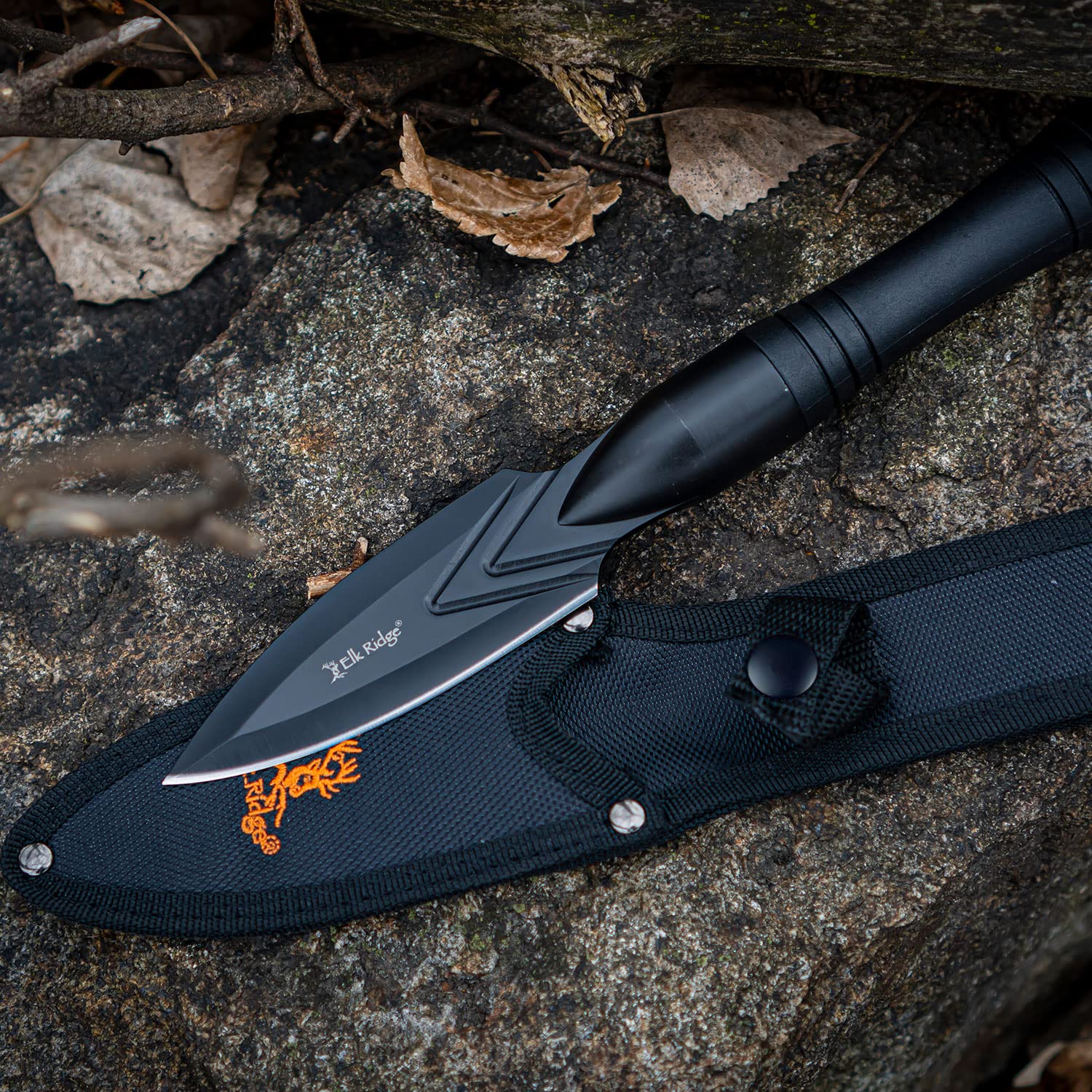 Elk Ridge - Outdoors - Spear – Spire, Black Fine Edge Spear Point Blade with Black Injection Molded Nylon Fiber Handle with Universal Thread for Broom Stick, Nylon Sheath– Spire, ER-SP002BK