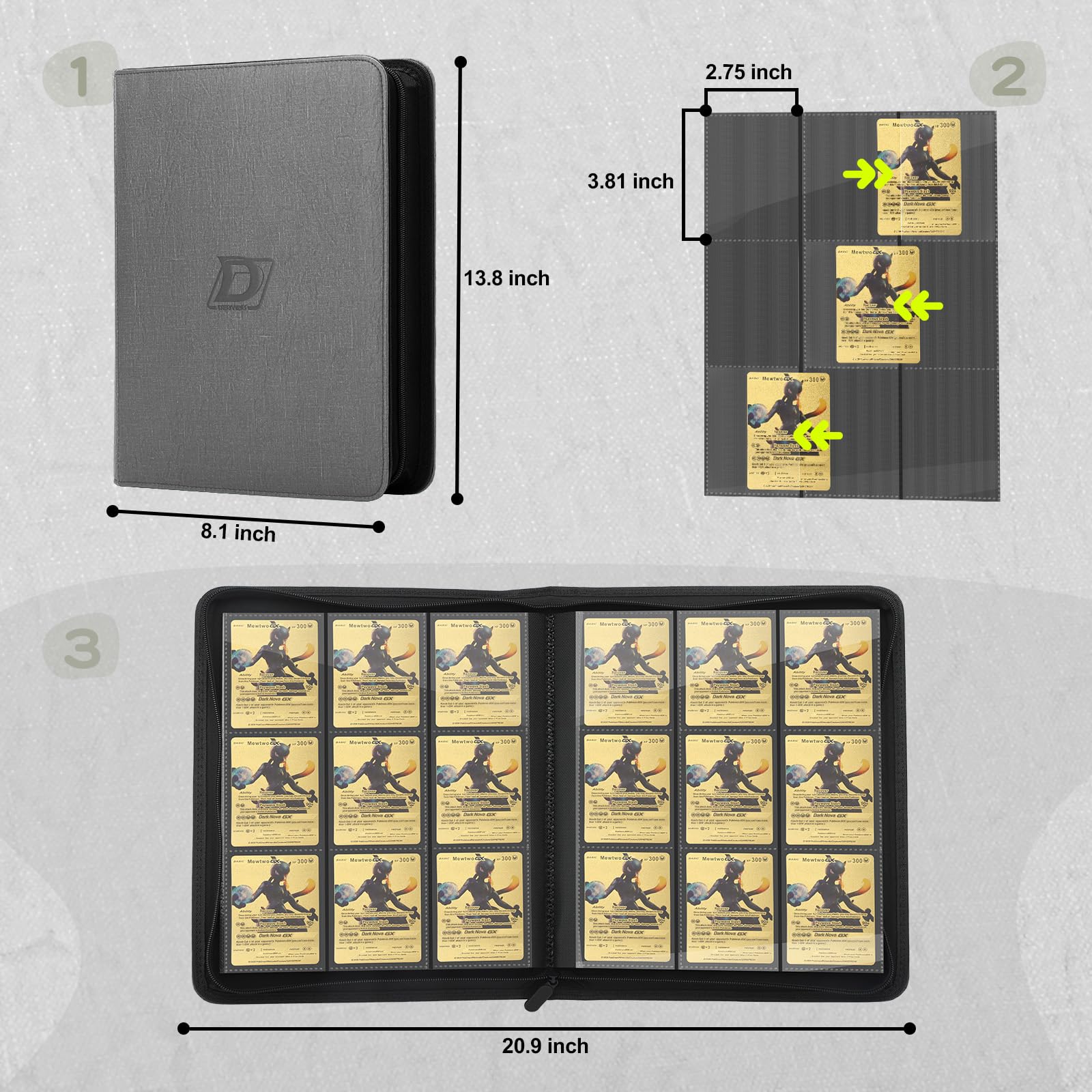 Deoyibu TCG Binder, 9 Pocket Side Loading Card Album, 2023 New Premium PU Leather, Secure Storage, Easy Access, Suitable Capacity, 540 Card Pockets, Grey