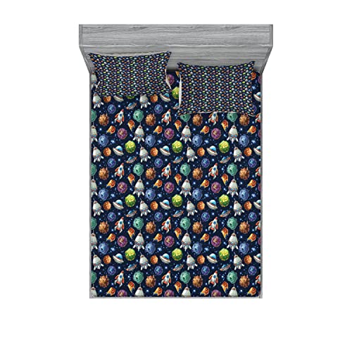 Lunarable Outer Space Fitted Sheet & Pillow Sham Set, Comic Style Cosmos Elements Alien Planets and Spaceships, Decorative Printed 6 Piece Bedding Decor, Calking, Multicolor