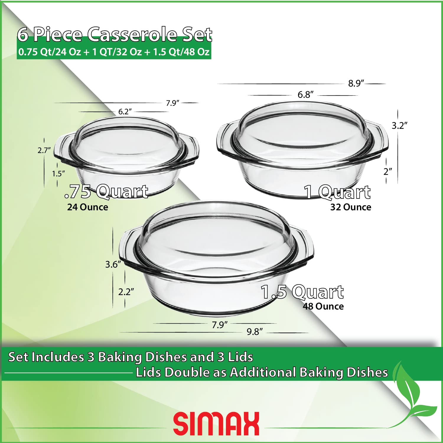 Simax Casserole Dish Set, Set of 3 Casserole Dish with Lid, Round Glass Cookware, Borosilicate Glass, Made In Europe 0.75 Quart, 1 Quart and 1.5 Quart Baking Dishes…