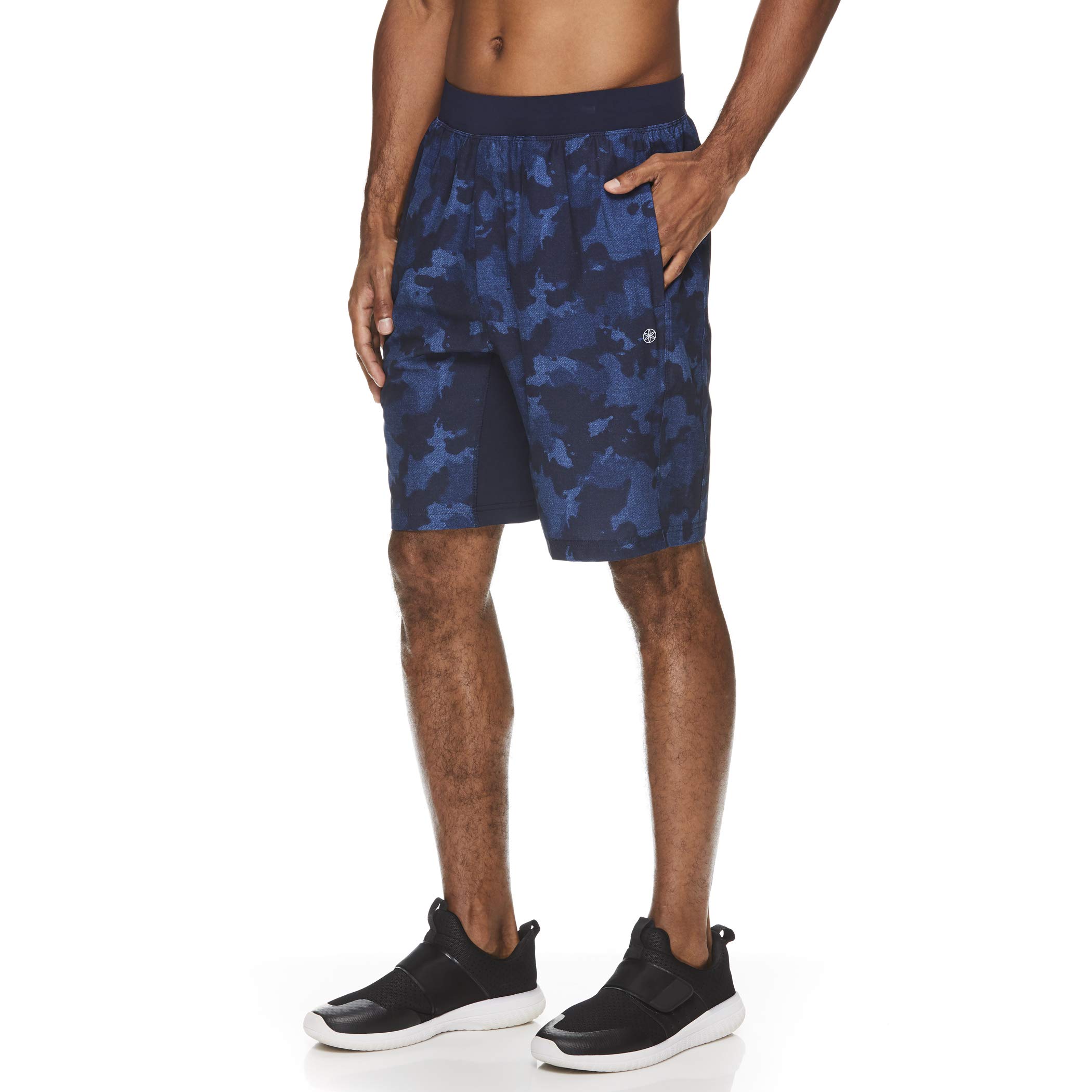 Gaiam Men's Yoga Shorts - Performance Heather Gym & Workout Short w/Pockets - Strength Camo Navy, Large