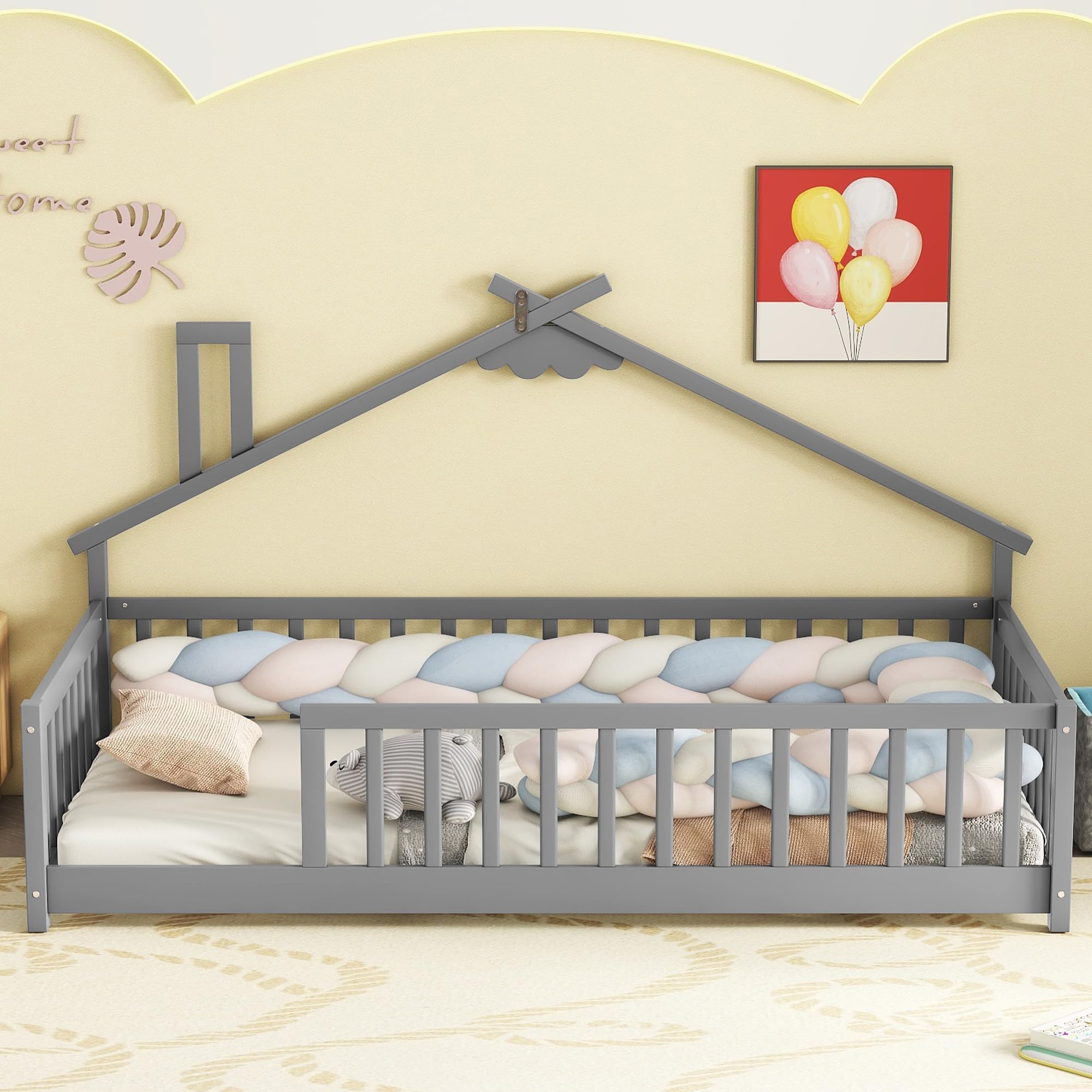 LostCat Twin Size Floor Bed with House-Shaped Bedside Design, Montessori Bed with Guardrails for Kids Boys Girls, Wood Slat Support, No Box Spring Needed, Grey