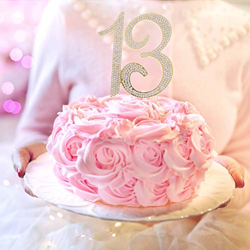 Ella Celebration 13 Cake Topper for 13th Birthday Party, Gold Rhinestone Metal Number Decoration (Gold)