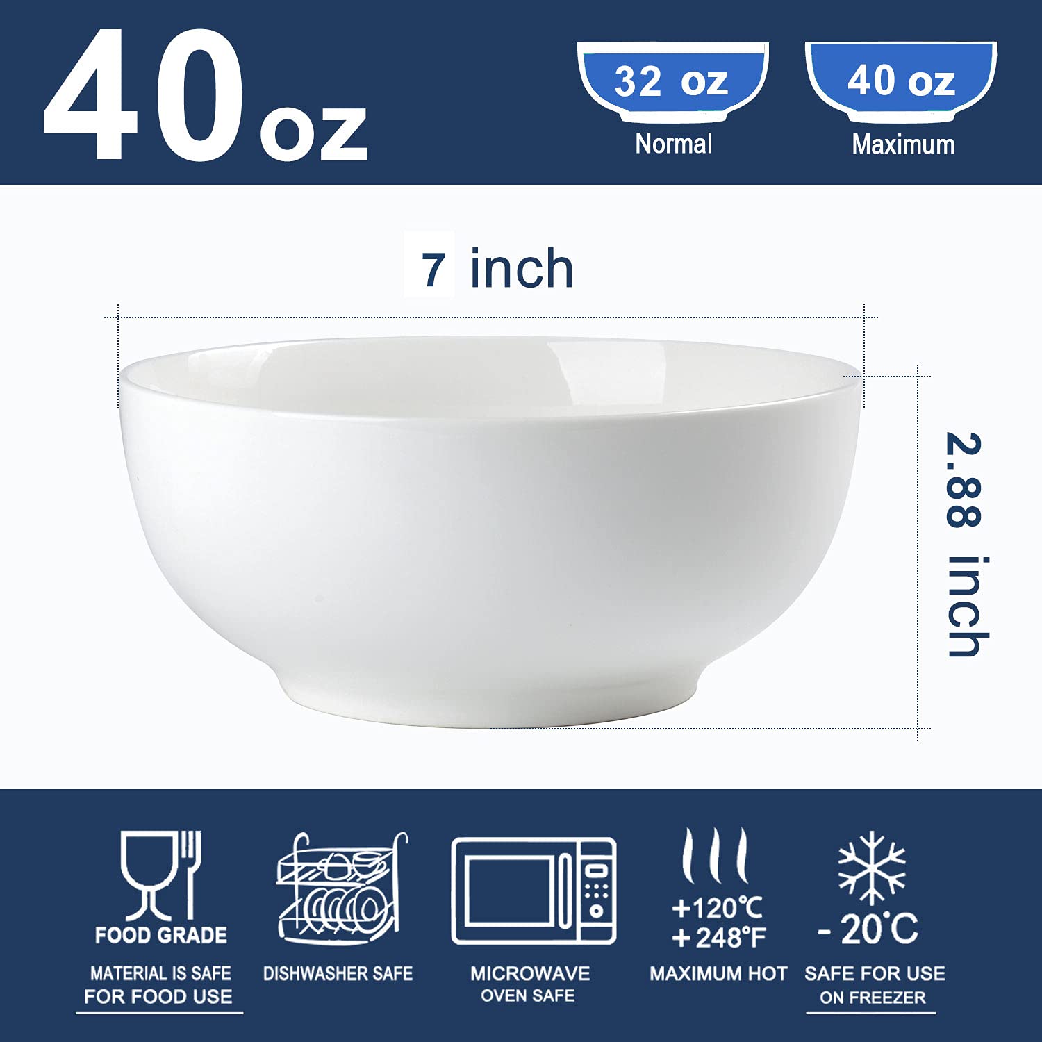 Houlu 40 oz Soup Bowls, Cereal bowls, Pho Bowls, Salad Bowls, Off White Porcelain Bowl Set of 4, 7 inch