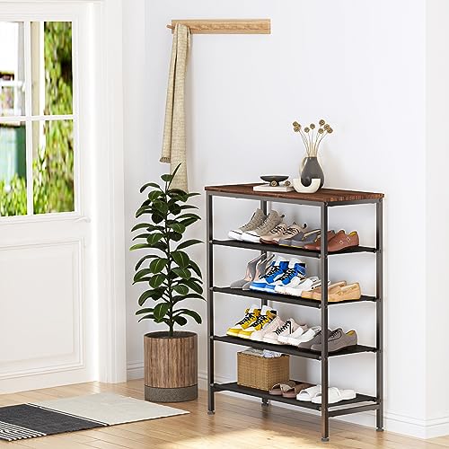 Z&L HOUSE 5 Tier Shoe Rack Organizer for Entryway, Sturdy Black Metal Framed Free Standing Shoe Shelf, Uniquely Versatile and Spacious Wood Top Storage, Shoe Stand for Garage Closet Hallway