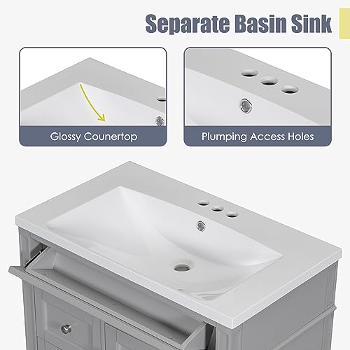 Virubi 30" Bathroom Vanity with Single Sink Combo, Modern Undermount Bathroom Sink Cabinet with 2 Drawers and a Tip-Out Drawer, Freestanding Bathroom Vanities (Grey)