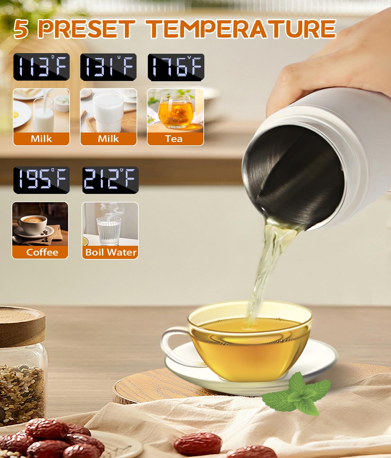 Portable Tea Kettle Electric Travel, 350ML mini tea kettle Water Heater with 4 Temperature Settings, Auto Shut-Off and Boil Dry Protection