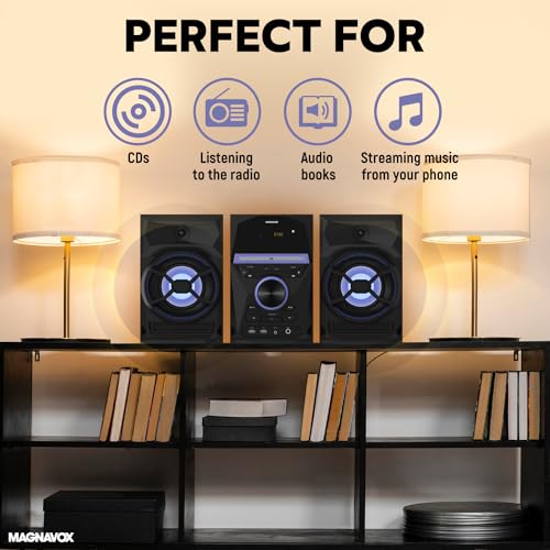 Magnavox MM441 3-Piece CD Shelf System with Digital PLL FM Stereo Radio, Bluetooth Wireless Technology, and Remote Control in Black | Blue Colored Speaker Lights | LED Display | AUX Port Compatible |