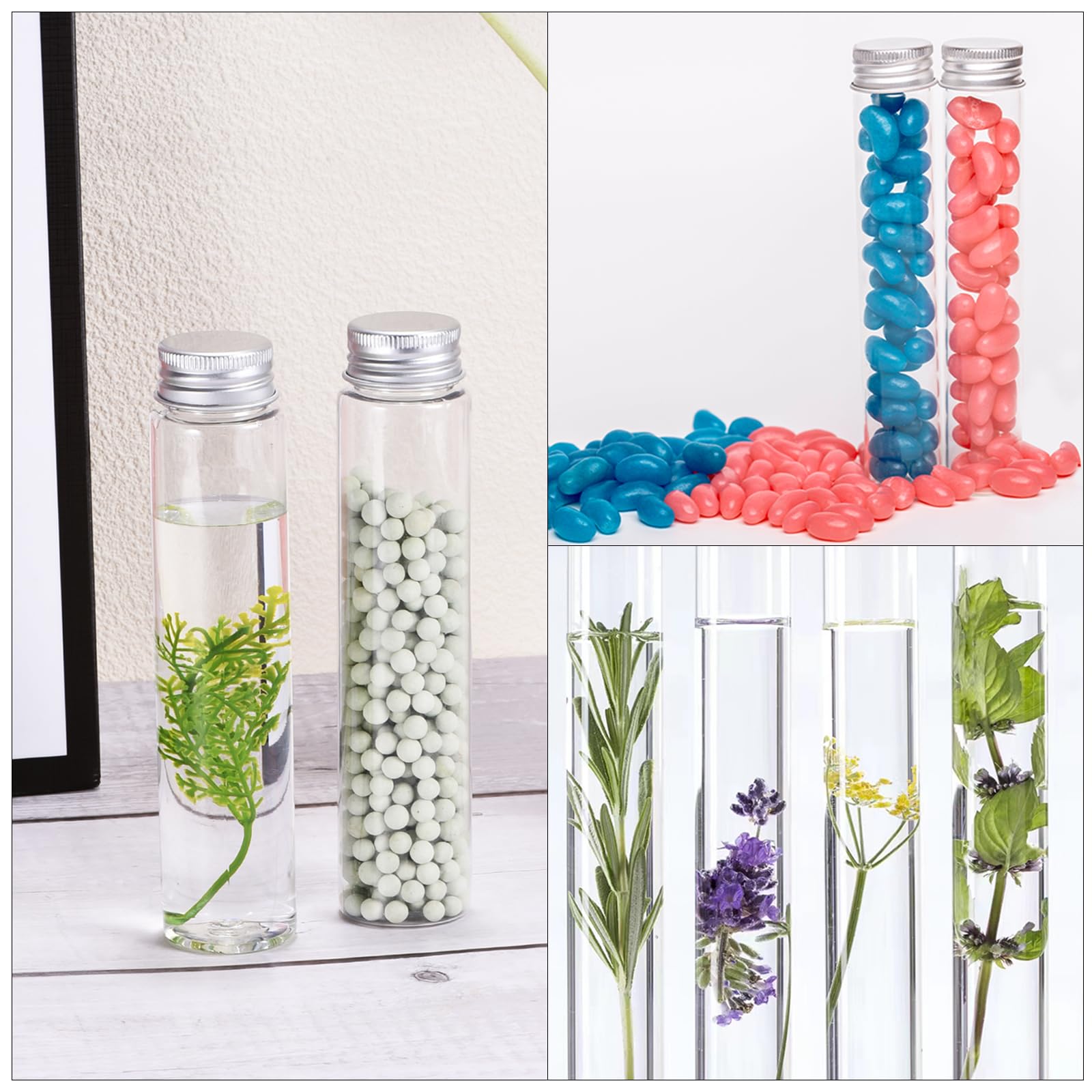 PATIKIL 80ml Plastic Test Tubes with Screw Caps, 6Pcs 128x33mm Flat Bottom Tubes for Scientific Party Decoration Candy Bead Storage Bath Salt, Silver Tone