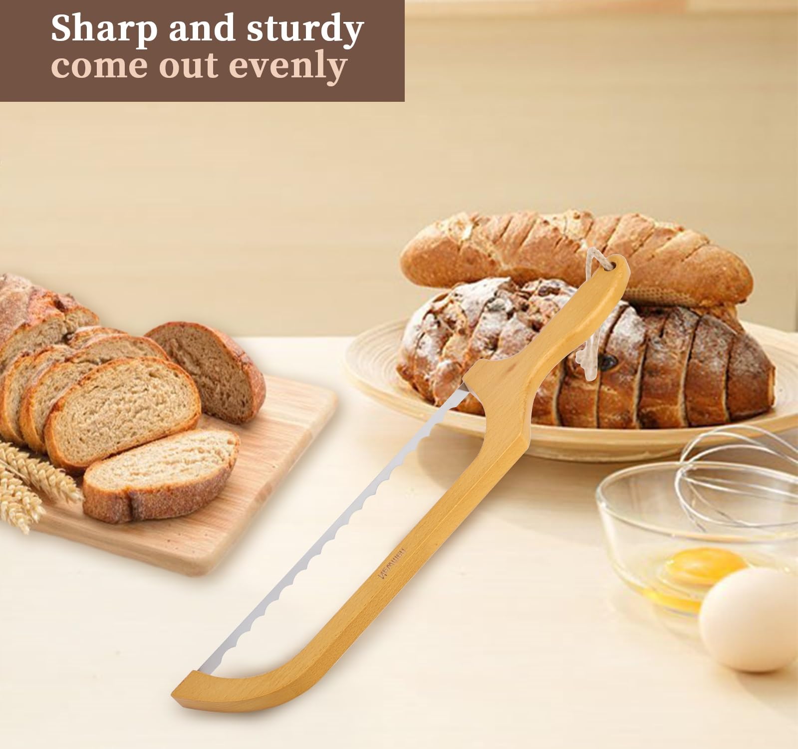 NewmeniDesign Sourdough Bread Knife with Bag: 16'' Sharp Sourdough Slicer with Knife Protector - Cuts Easily Bread Bow Knife for Every Kitchen - Durable Wooden for Fruit Cake Cheese and Baking
