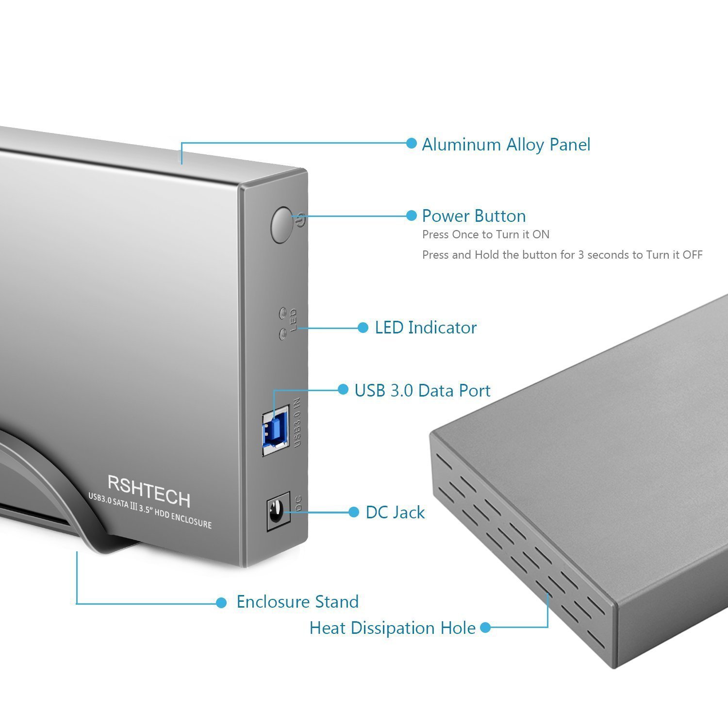 Hard Drive Enclosure RSHTECH USB 3.0 to SATA Aluminum External Hard Drive Dock Case for 3.5 inch HDD SSD up to 16TB Drives, Support UASP (RSH-339)