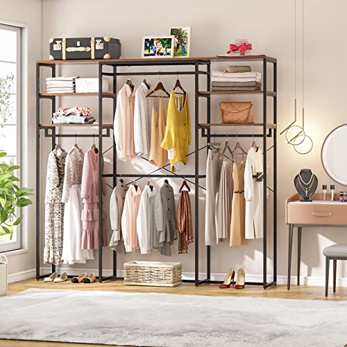 Tribesigns 71''L x 83''H Super Large Heavy Duty Clothes Rack, Freestanding Garment Rack with Shelves and Hanging Rods, Large Open Closet Organizer Wardrobe for Bedroom, Rustic Brown