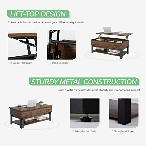 Novilla Modern Lift Top Coffee Table with Storage for Living Room Wodden Lift Tabletop Dining Table with Hidden Compartment and Metal Frame 40 Inch, Walnut