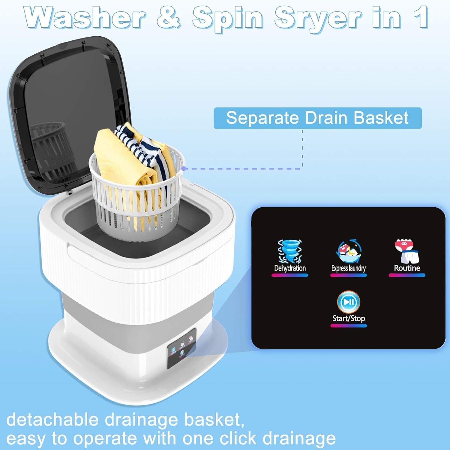 Portable Washing Machine, 10L Mini Washer and Dryer Foldable Washer Machine, Small Washer, Bucket Laundry Machine with Deep Cleaning for Baby Clothes, Underwear, Socks, RV, Grey