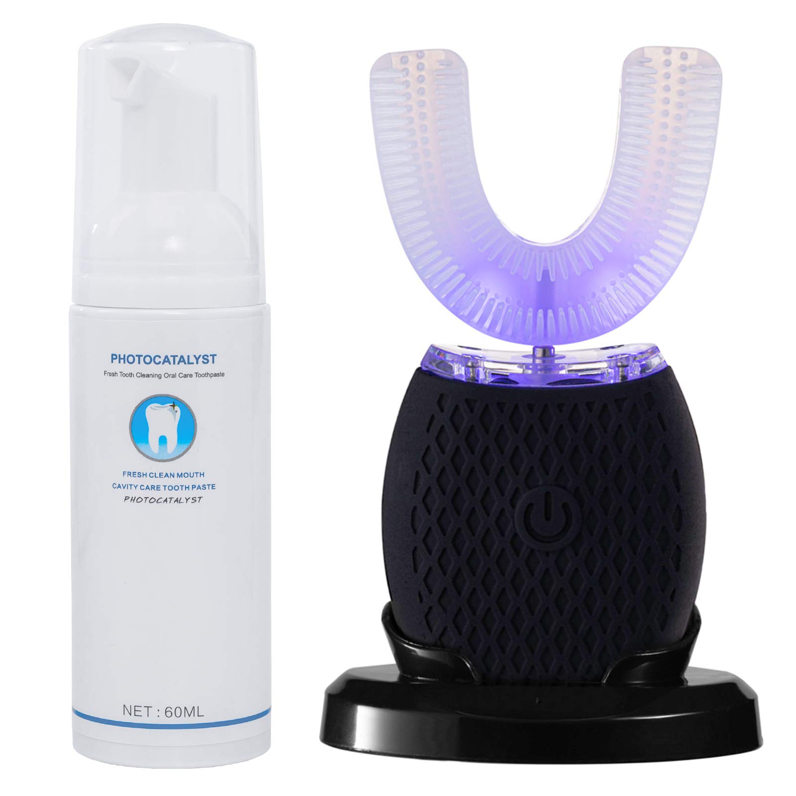 Ultrasonic Automatic Toothbrush U Shaped Toothbrush for Adults 360°Electric Toothbrush 30'' Automatic Timer Wireless Charging Washable Travel Home Dual-use (Black)