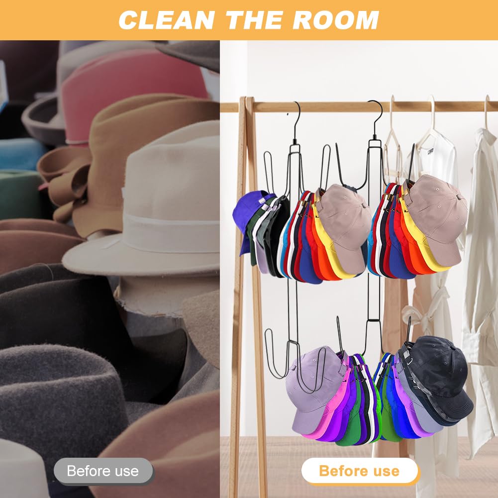 NINEFOX 2 Pack Hat Hanger, Hat Organizer for Baseball Caps, Stainless Steel Hat Rack for Hang, Cap Organizer, Hat Holder Storage for Bedroom, Closet Display