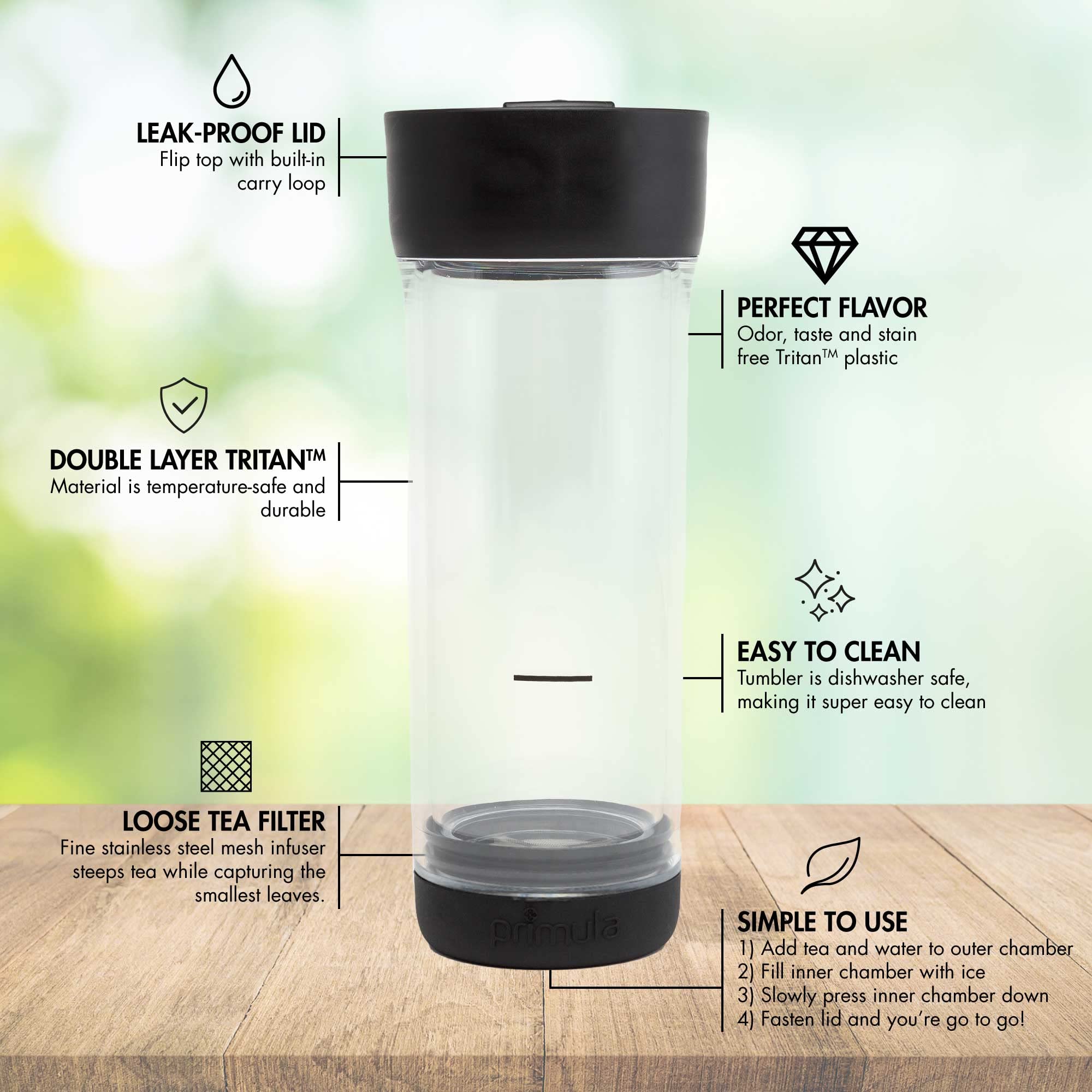Primula Press and Go Iced Tea Maker, Travel Tumbler, Infuser Bottle, Leak-proof Flip-top Lid with Carry Loop, Dishwasher Safe, Made without BPA, 16-Ounce, Black, 1 Count (Pack of 1)