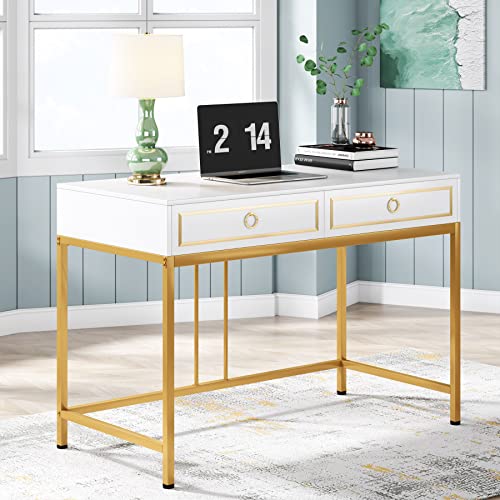 LITTLE TREE Drawers Computer Desk, 43.31β W x 21.65β D x 31.5βH, White and Gold