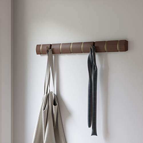 Umbra Flip Wall-Mounted Coat Rack Rail Hook for Hats, Jackets, Bags and More β Modern, Space-Saving Storage Organizer for Entryway, Mudroom, Closet, Bathroom, Bedroom, Kids Room, or Nursery, 8 Hooks, Light Walnut/Gold