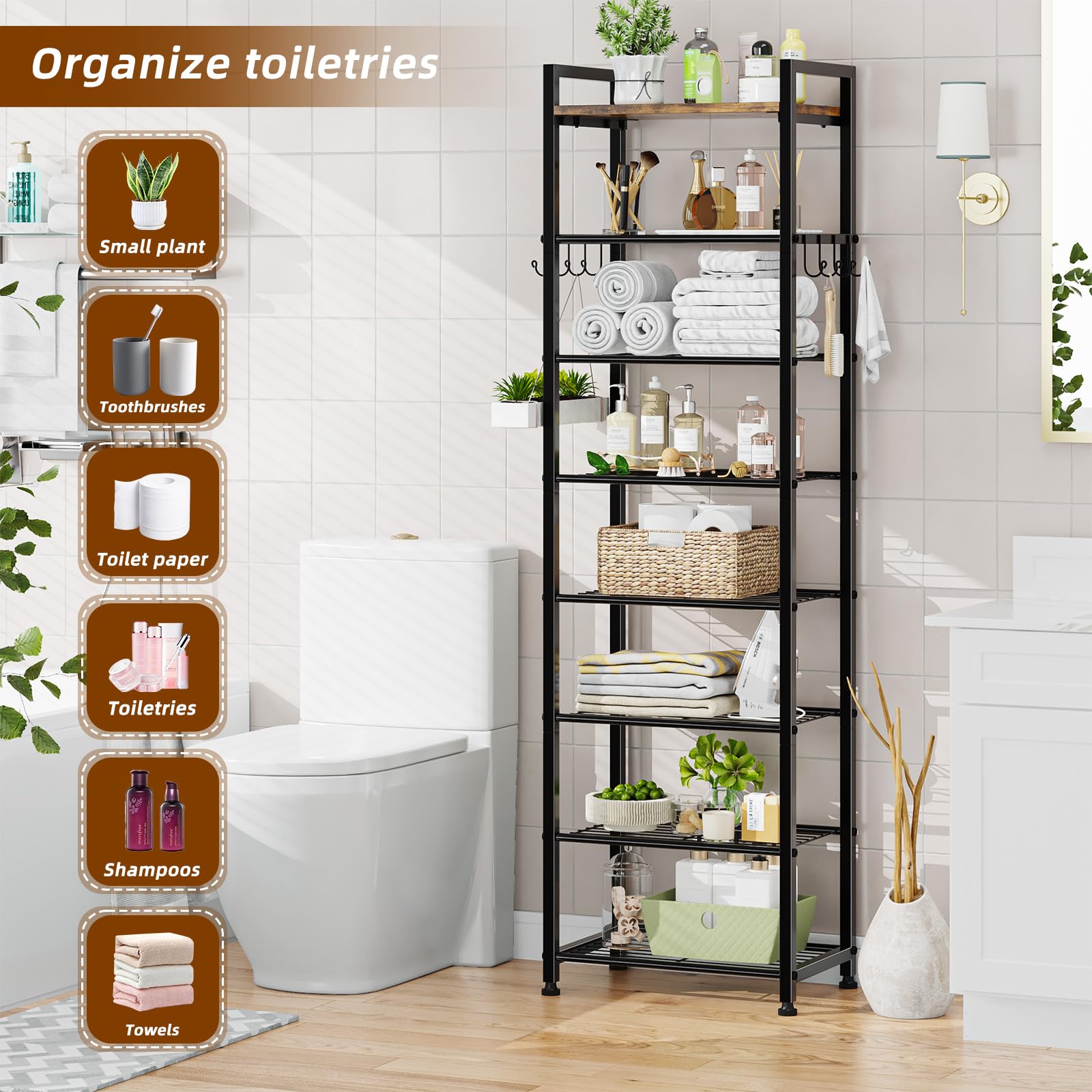 Simple Trending 8 Tiers Shoe Rack 16 Pairs Tall Wooden Plank Shoe Shelf with Hooks for Closet Entryway Organizer Sturdy Free Standing Shoe Storage Cabinet,Black