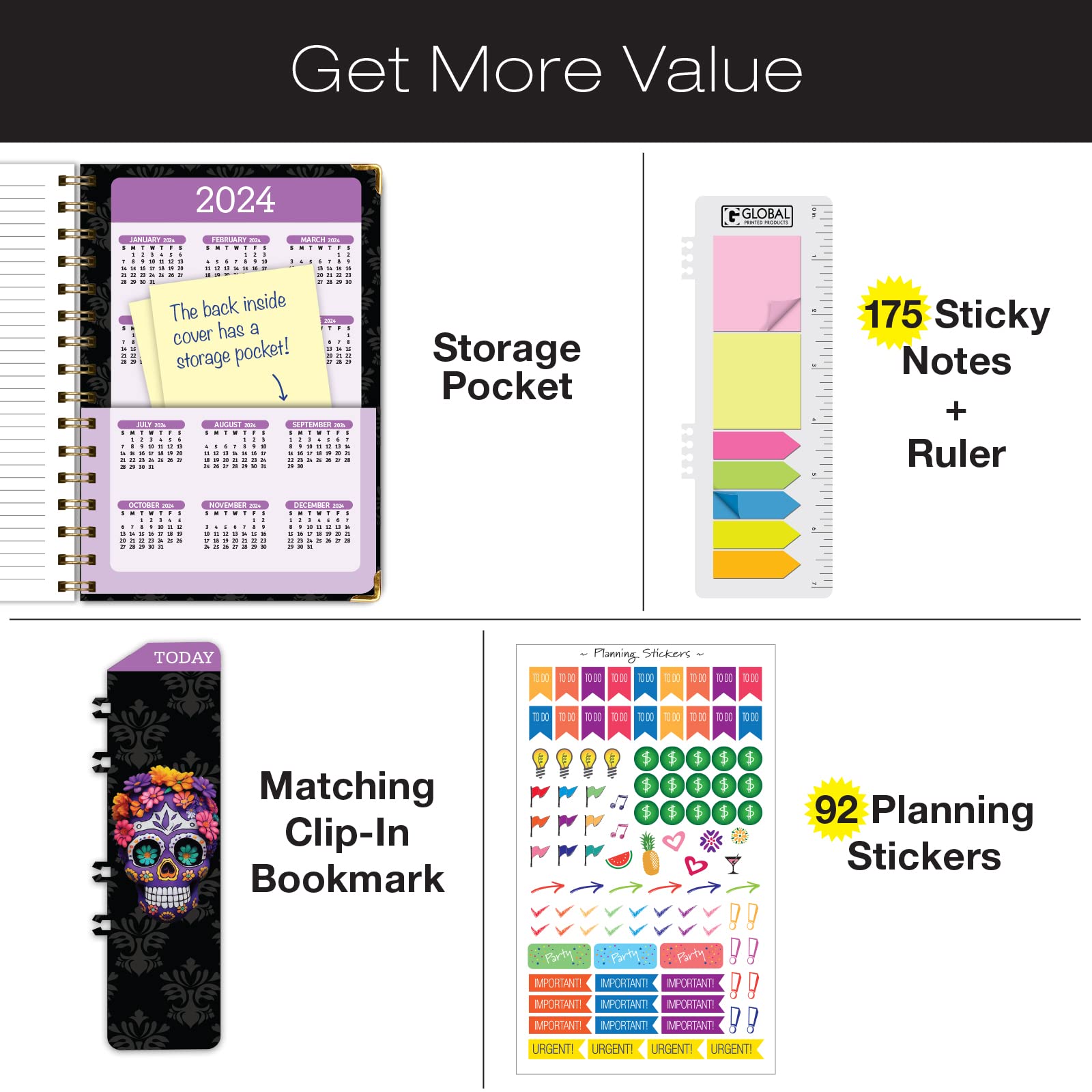 HARDCOVER Academic Year 2023-2024 Planner: (June 2023 Through July 2024) 5.5"x8" Daily Weekly Monthly Planner Yearly Agenda. Bookmark, Pocket Folder and Sticky Note Set (Sugar Skull)