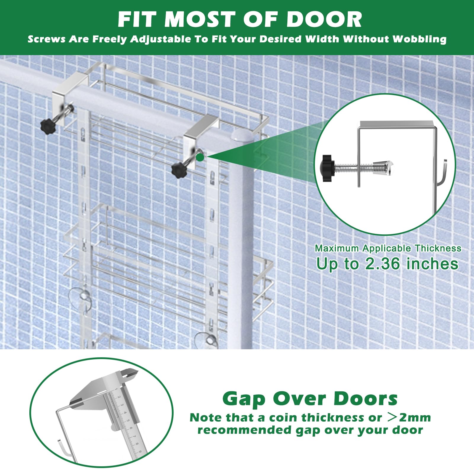 Over the Door Shower Caddy, 5-Tier Adjustable Hanging Shower Organizer Rustproof Metal Bathroom Storage Shelf Shower Basket with Soap Holder & Suction Cup for Shampoo, Conditioner, Sliver