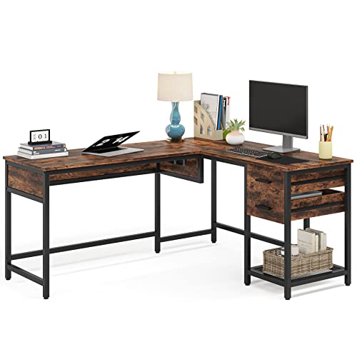 LITTLE TREE L Shaped Desk with Lift Top, Sit to Stand Corner Computer Desk with 2 Drawers, Height Adjustable Standing Desk with Storage Shelf for Home Office, Rustic Brown