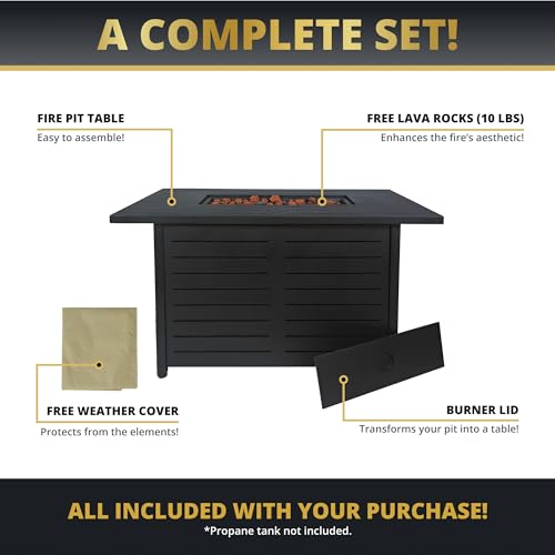 Kinger Home Ore 42-Inch Outdoor Propane Fire Pit Table for Patio, 50,000 BTU CSA Certified Rectangle Firepit, Powder Coating Metal Frame, Black